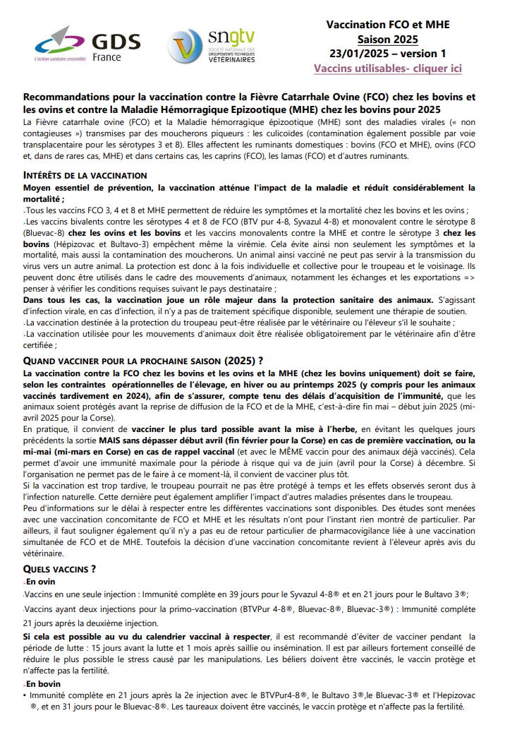 FCO/MHE : vaccins utilisables en France et situation – GDS Hauts de France