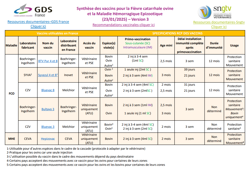 FCO/MHE : vaccins utilisables en France et situation – GDS Hauts de France